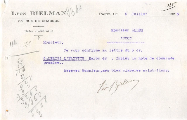 1925 LEON BIELMAN A Paris - M. Alleq A Auzon EUR 10,00 - PicClick FR