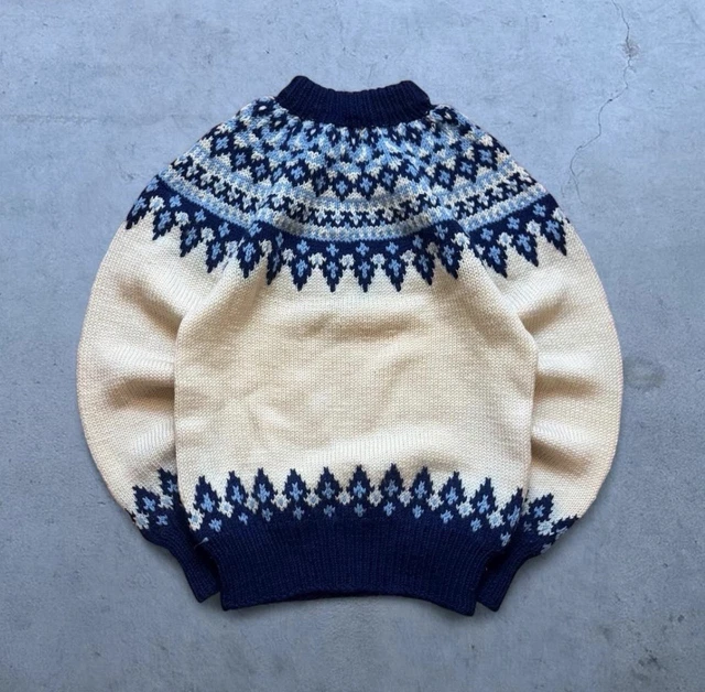 RARE VINTAGE 60S Norwegian Nordic Fair Isle Hand Knit Blue Cream ...