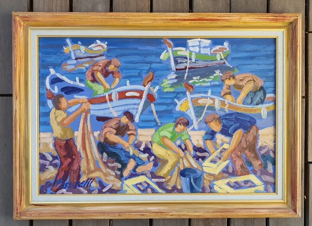TABLEAU (HSP) LES pêcheurs au port, signé PASSARELLI pour Mario ...