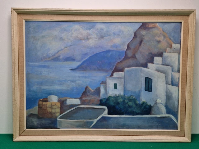LARGE NAIVE FOLK Art Greek Seascape Oil on Board Painting Artist Hilary ...