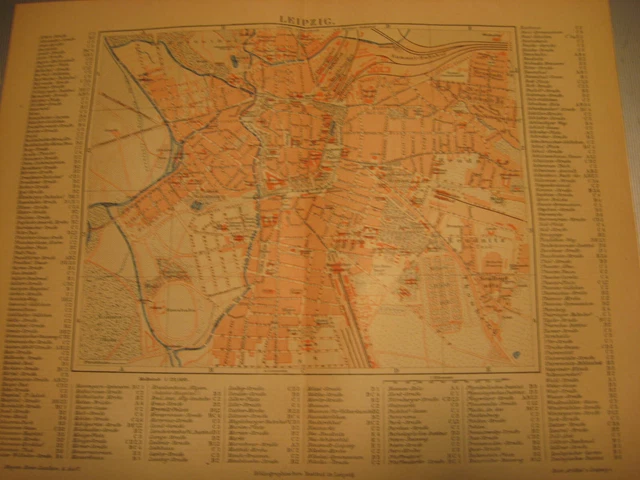 ANTIQUE ORIGINAL MAP of 1887 city map of Leipzig with street directory ...