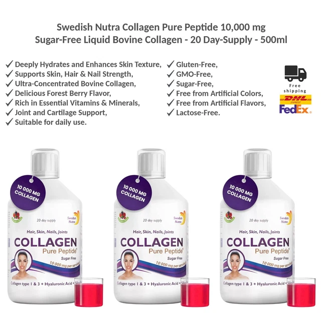 SWEDISH NUTRA COLLAGEN Pure Peptide 10.000 mg Flüssiges Rinderkollagen 3x500ml EUR 149,00 ...