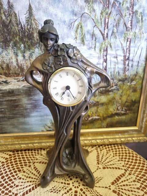 VINTAGE ART NOUVEAU Style Clock Woman Golden Age Figurine resin £41.77 ...