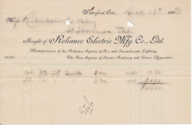 VINTAGE LETTERHEAD RELIANCE Electric Mfg. Co. Ltd. Waterford, Ontario ...