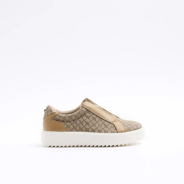 RIVER ISLAND WOMENS Trainers Brown Canvas RI Monogram Front Zip Sneakers Shoes 21.00 PicClick UK