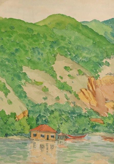 TABLEAU ANCIEN AQUARELLE paysage montagne lac et maison EUR 120,03 - PicClick FR