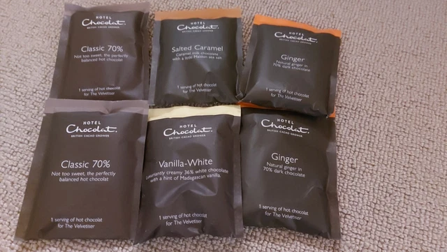 HOTEL CHOCOLAT 6 x VELVETISER CHOCOLATE SACHETS CLASSIC GINGER VANILLA ...