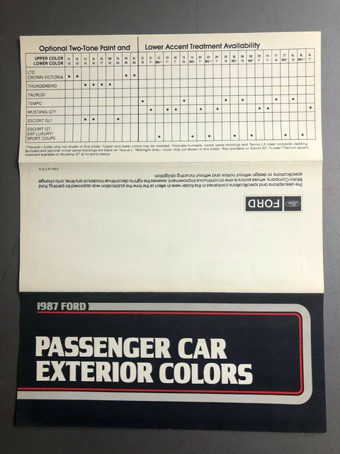 1987 FORD PASSENGER Car Color Chart Showroom Sales Folder / Brochure ...