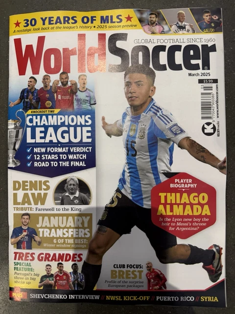 WORLD SOCCER MAGAZINE March 2025 Thiago Almada biography+ Denis Law ...