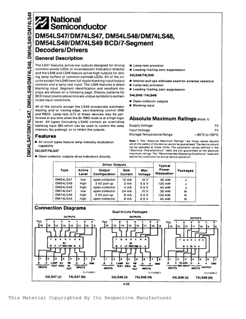 NATIONAL DM74LS49N BCD to 7-Segment Decoder / Driver 7449 $2.00 ...