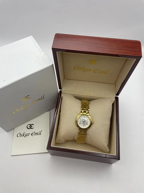 OSKAR EMIL MONACO Ladies 23k Gold Plated Watch with Crystal & MOP Dial ...