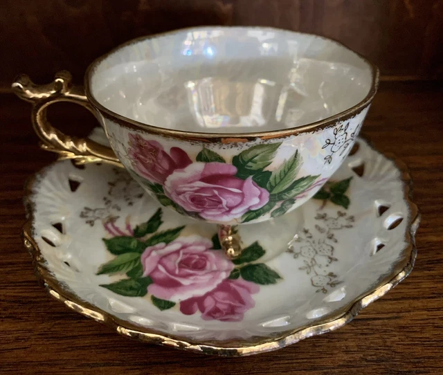 VINTAGE JAPANESE High Tea Footed Tea Cup & Saucer Lustre ware Pink ...