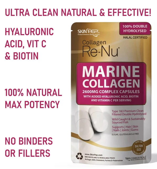 MARINE COLLAGEN CAPSULES 2600mg Type 1 Max Strength Skin Hair (60-180 ...