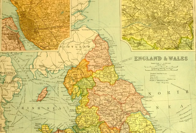 1922 MAP ENGLAND & Wales Liverpool Birkenhead Durham York Manchester ...