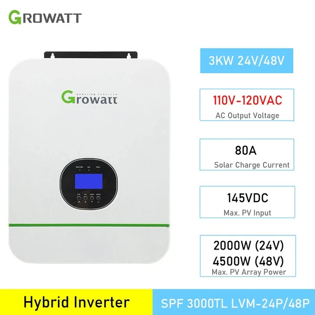 GROWATT 3000W 24V/48V Off Grid Solar Inverter 110V/120V AC Pure Sine ...