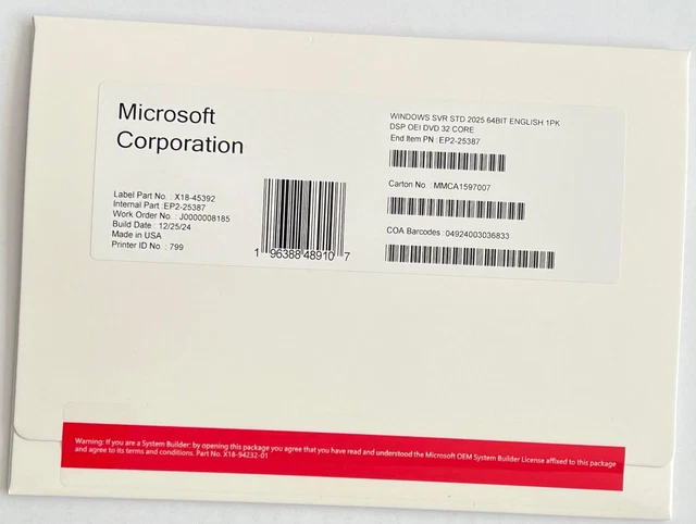 MICROSOFT WINDOWS SERVER 2025 Standard 32Cores 64Bit DVD-Product Key £ ...