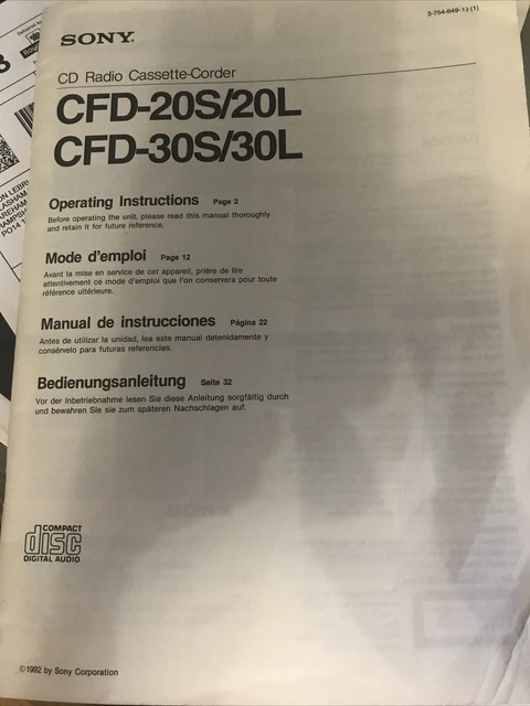 SONY MANUALE CFD-20S/20L 30S/30L CD RADIO Corder a cassette EUR 5,84 ...