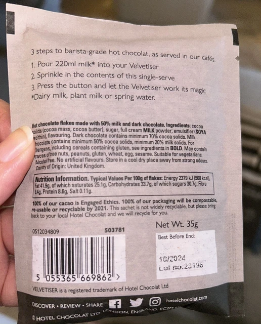 17 X HOTEL Chocolat Velvetiser Hot Chocolate Sachets 50% Milky Date 10/ ...