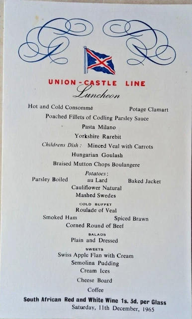 SOUTH AFRICA 1965 Union Castle Line Paquebot Lunch Menu Card £6.99 ...