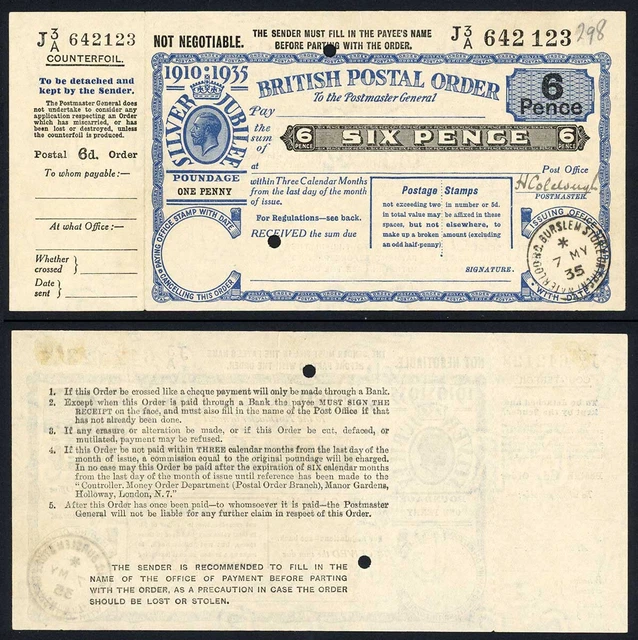 1935 SILVER JUBILEE 6d Commemorative Postal Order 7th May 1935 CDS £59. ...