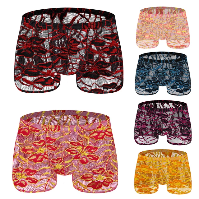 MENS LACE BOXER Briefs See-Through Sexy Lingerie Panties Low Rise Mesh ...