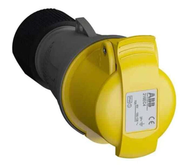 ABB INDUSTRIAL POWER SOCKET 16A 110V 2P+E IP44 Yellow, 2CMA102002R1000 ...