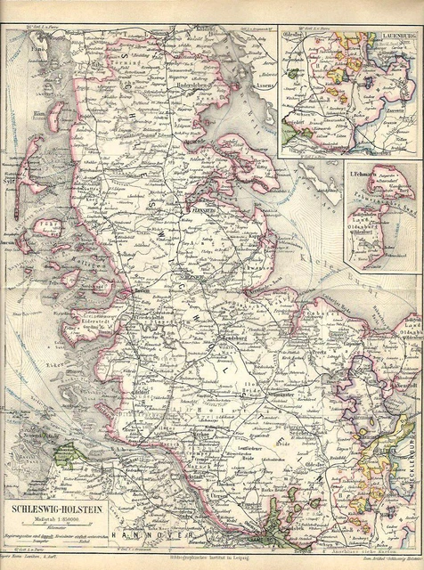 CARTA GEOGRAFICA ANTICA SCHLESWIG-HOLSTEIN Germania 1890 Old antique ...