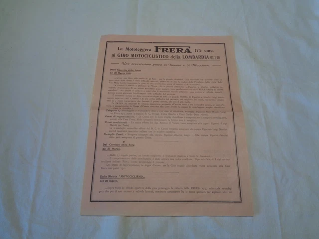 MOTOLEGGERA FRERA 175 cmc DEPLIANT ORIGINALE EPOCA 1931 EUR 19,50 ...