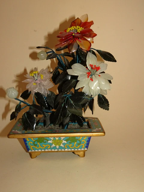 ARBRE EN PIERRE dure.Agate,cristal de roche,jade.Chine.Emaux cloisonnés ...