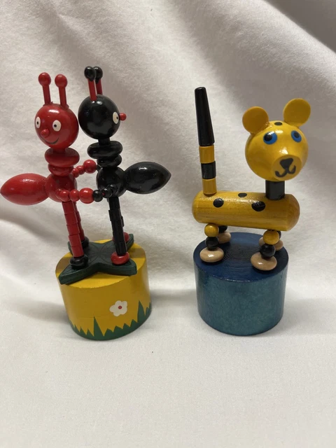WOODEN TOY VINTAGE Dancing Ants Collapsible Push Button Thumb Puppet ...
