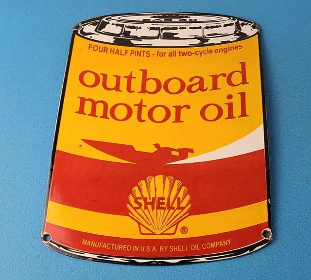 VINTAGE SHELL GASOLINE Sign - Outboard Motor Oil Can Gas Pump Porcelain ...