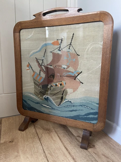 ANTIQUE WOODEN FRAMED Tapestry Fire Guard Screen Ship Embroidered ...