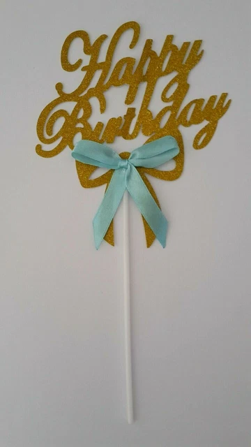 HAPPY BIRTHDAY CAKE Topper Gold Glitter Cake Topper - Blue Ribbon Bow ...