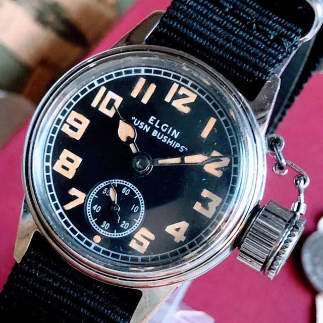 MONTRE MILITAIRE ELGIN WW2 USN BUSHIPS noire CEINTURE AUTOMATIQUE OTAN ...