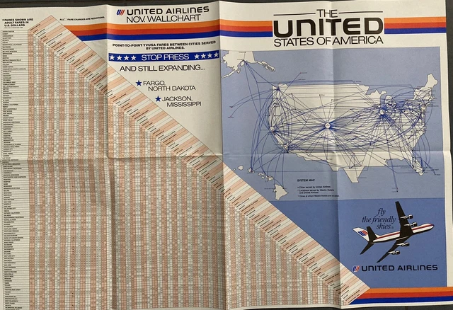 UNITED AIRLINES FARES Wallchart Brochure B747 Route Map 1984 £38.68 ...