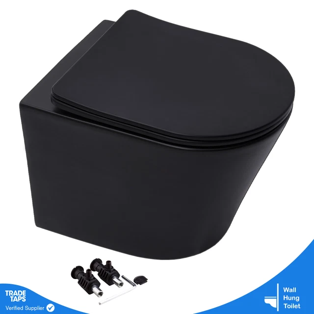 BLACK BATHROOM TOILET Pan Ceramic Wall Hung D Shape Rimless & Soft ...