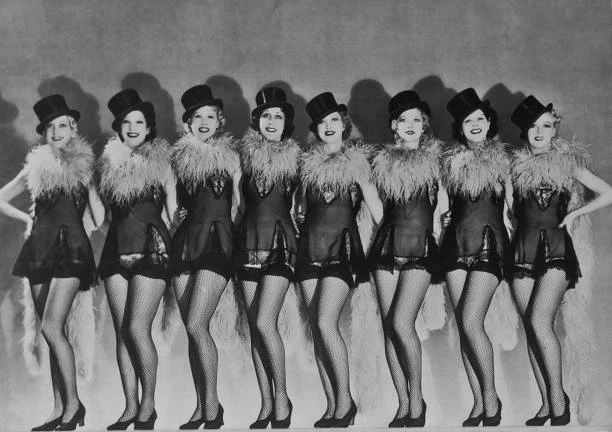 CHORUS LINE SHOWGIRLS top hats, feather boas & fishnet stockings, Old ...