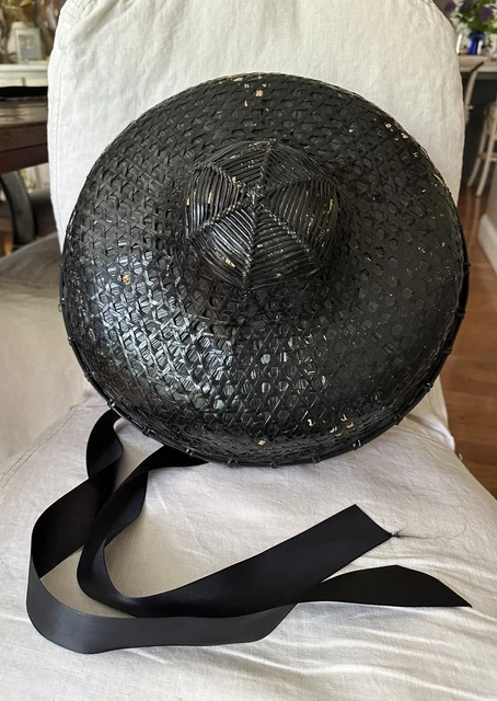 VINTAGE ASIAN CONICAL Hat Black W/ Ribbon Ties Rice Paddy Farmers ...