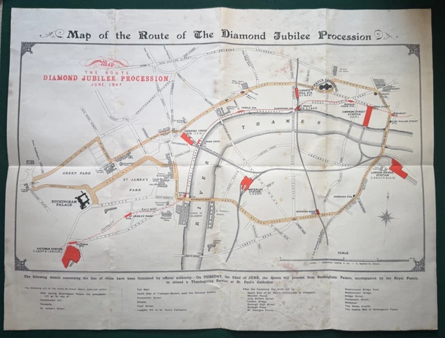 ANTIQUE MAP OF Queen Victoria Diamond Jubilee Procession 1897 & Adverts ...