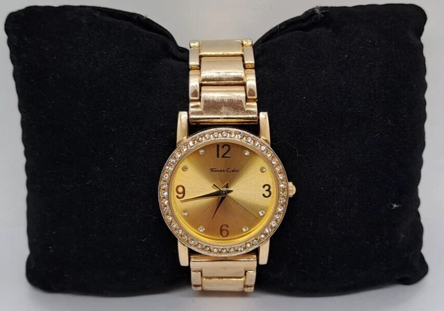 THOMAS CALVI WATCH Pave Crystal Gold Bezel Round Face Metal Strap T2290 ...