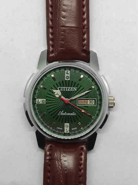 CITIZEN AUTOMATIC CALIBER-8200 21jewel Green Dial Day-Date Leather ...