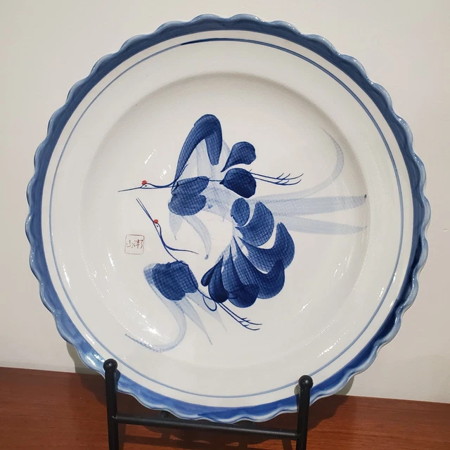 ANTIQUE BLUE & White Plate - Flying Cranes 16" Platter Hand Painted In ...