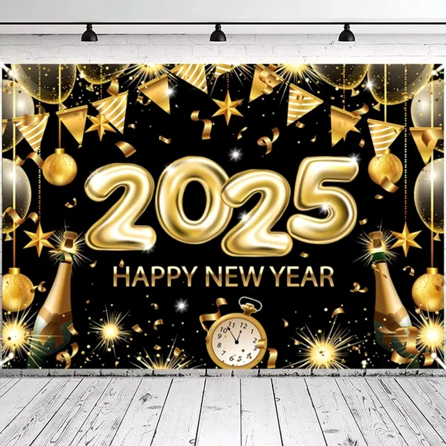 HAPPY YEAR Backdrop 2025 BlackGold Backdrop Happy Year 6.88 X 4 ...