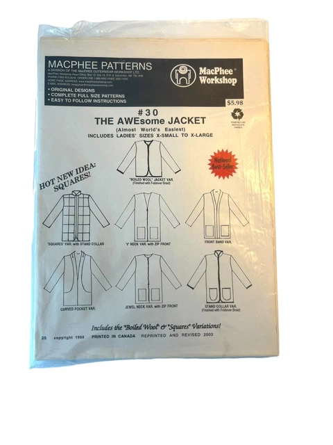 VINTAGE UNCUT PAPER Sewing Pattern MacPhee Patterns #30 The AWEsome Jacket $12.95 - PicClick CA