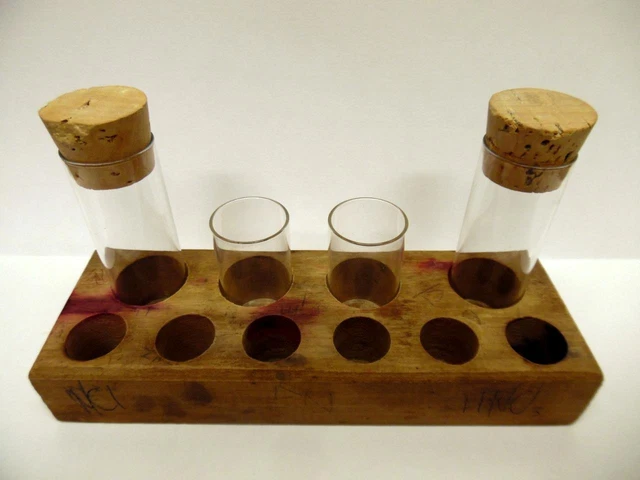 VINTAGE OLD SCHOOL Laboratory Vial Test Tube Rack Stand Holder + Glass ...