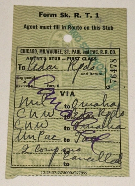 1939 TRAIN TICKET Stub CMStP&PRR Cedar Rapids CNW Omaha Vintage Stamped ...