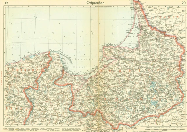 HISTORISCHE, KOLORIERTE LANDKARTE Ostpreußen 1885. Maßstab 1 : 1 000 ...