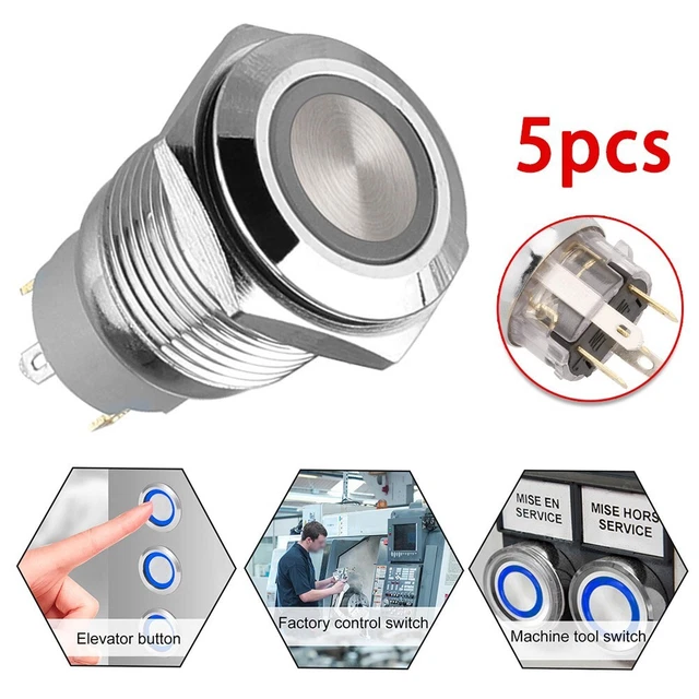 19MM MOMENTARY PUSH Button Power Switch Stainless Steel w/Blue LED Pack ...