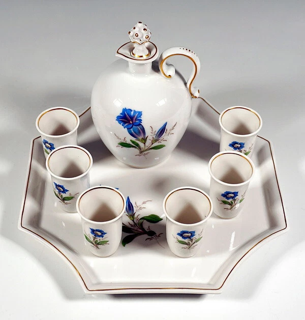 MEISSEN SCHNAPS LIKÖR Service Platte Enzian Dekor Paul Scheurich Gold 6 ...