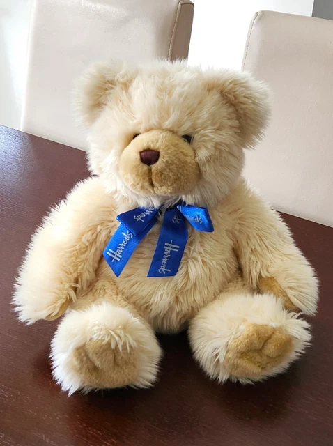 HARRODS TEDDY BEAR With Blue Bow Ribbon Soft Toy Plush In *Cream ...